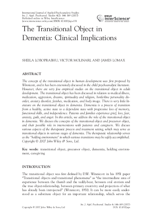 (PDF) The transitional object in dementia: clinical implications