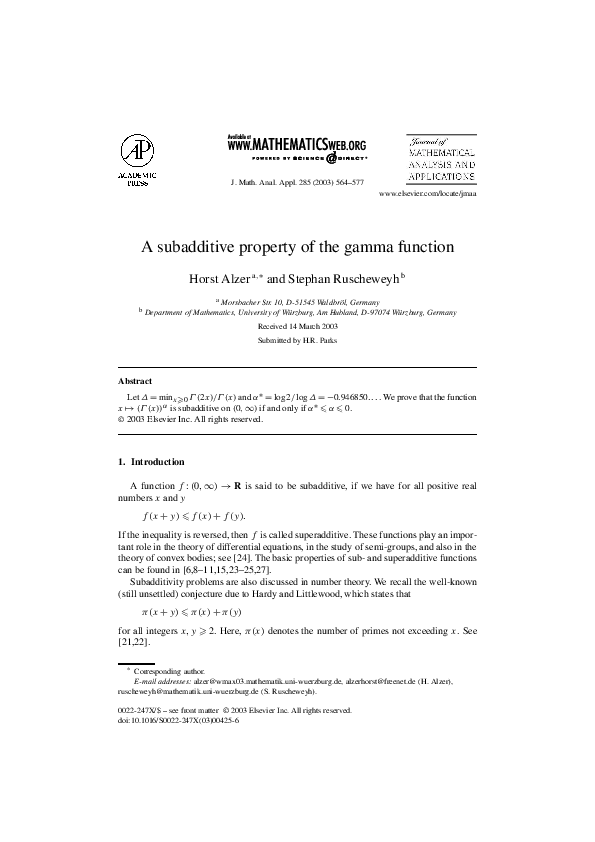 (PDF) A subadditive property of the gamma function