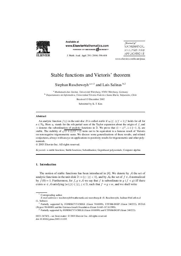 (PDF) Stable functions and Vietoris' theorem