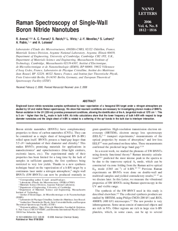 (PDF) Raman Spectroscopy of Single-Wall Boron Nitride Nanotubes