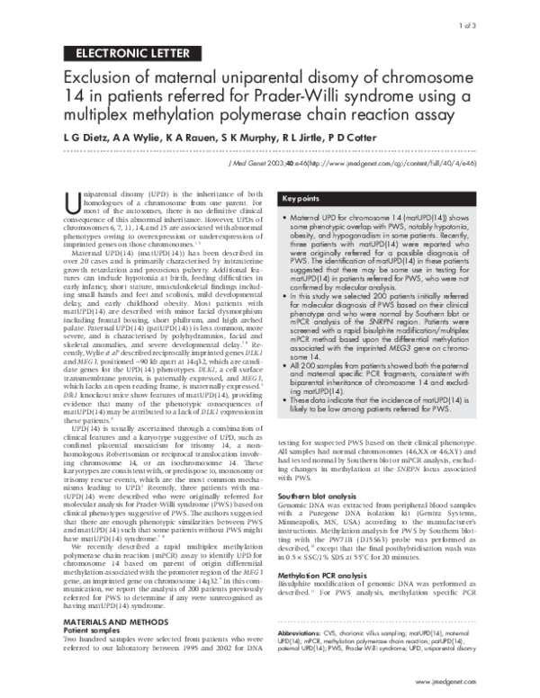(PDF) Exclusion of maternal uniparental disomy of chromosome 14 in ...