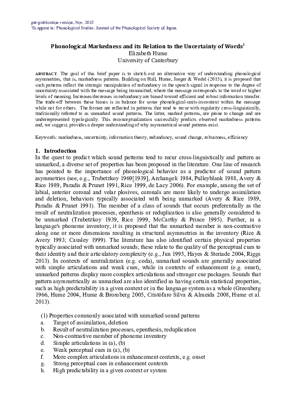 (PDF) Phonological Markedness and its Relation to the Uncertainty of Words