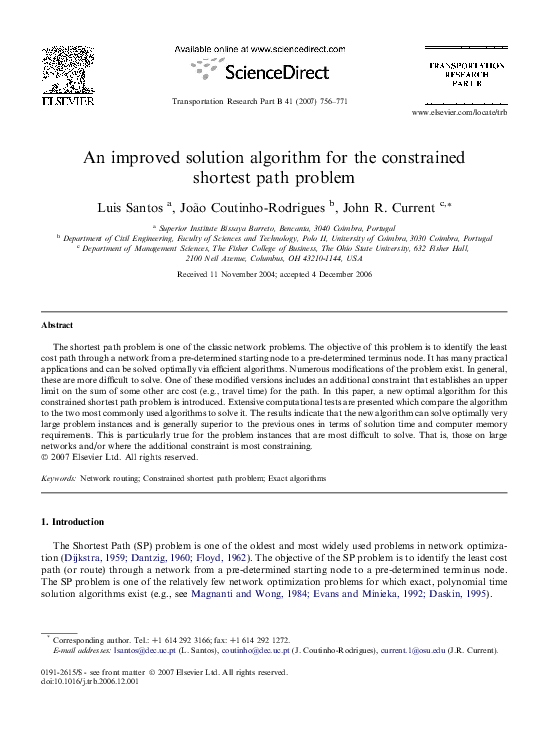 Pdf An Improved Solution Algorithm For The Constrained Shortest Path