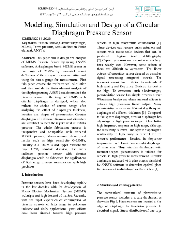 Pdf Modeling Simulation And Design Of A Circular Diaphragm Pressure Sensor