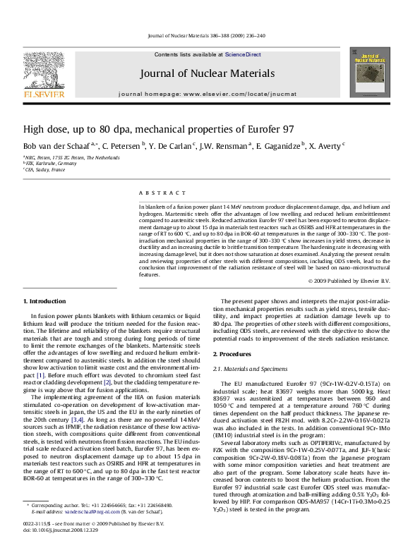 (PDF) High dose, up to 80 dpa, mechanical properties of Eurofer 97