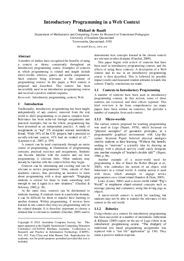 (PDF) Introductory programming in a web context | Michael de Raadt ...