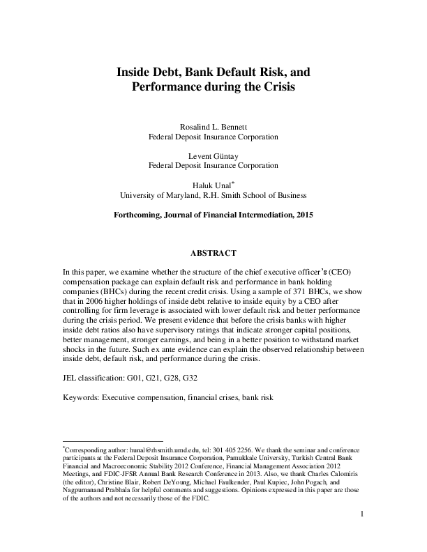(PDF) Inside Debt, Bank Default Risk and Performance during the Crisis