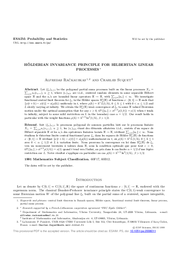 Pdf Hölderian Invariance Principle For Hilbertian Linear Processes
