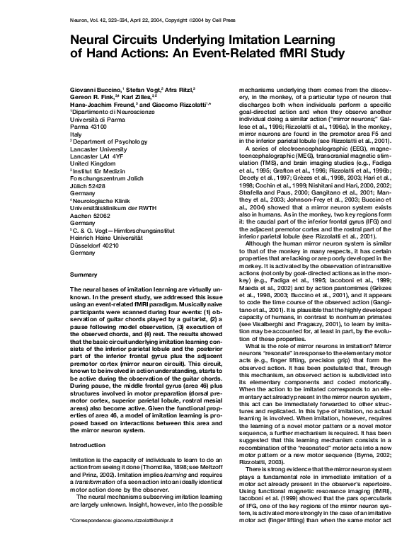 (PDF) Neural Circuits Underlying Imitation Learning of Hand Actions