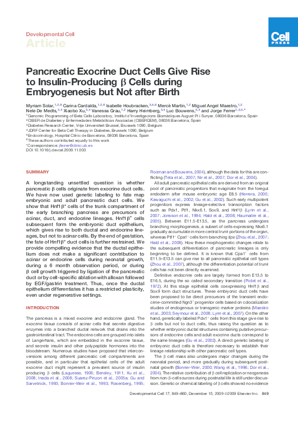 (PDF) Pancreatic Exocrine Duct Cells Give Rise to Insulin-Producing β ...