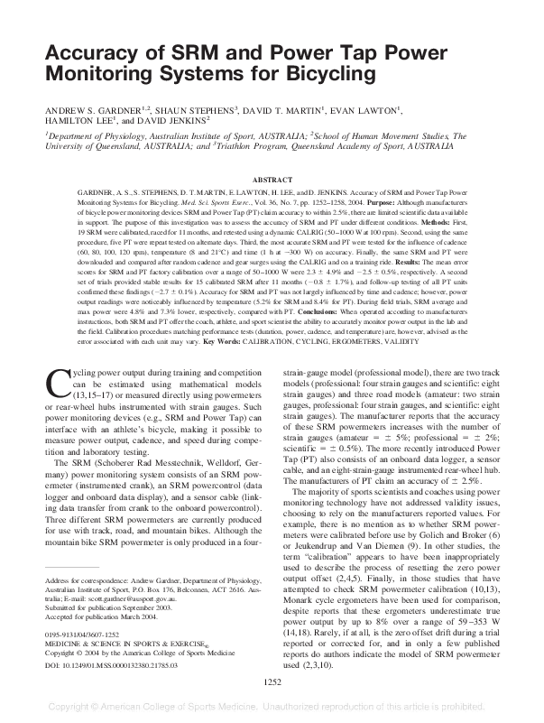 Pdf Accuracy Of Srm And Power Tap Power Monitoring Systems For Bicycling