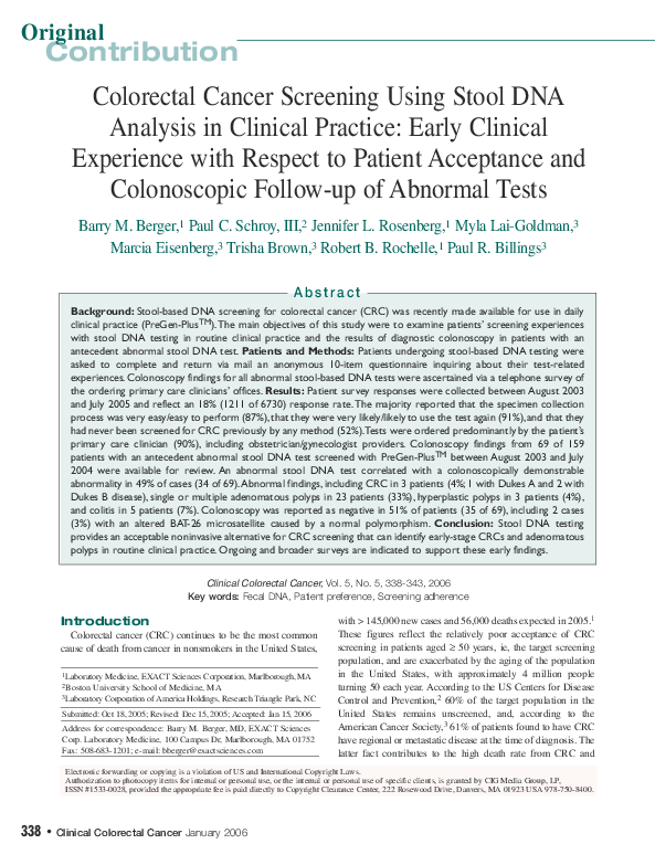 (PDF) Colorectal Cancer Screening Using Stool DNA Analysis in Clinical ...