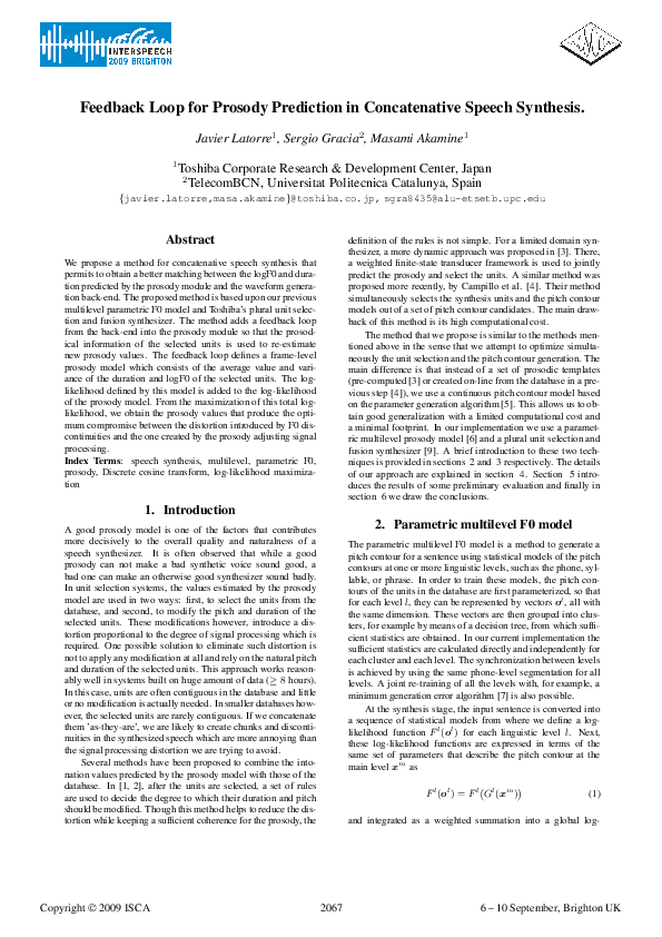 Pdf Feedback Loop For Prosody Prediction In Concatenative Speech