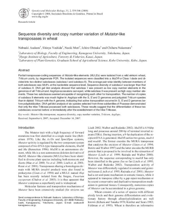 (PDF) Sequence diversity and copy number variation of Mutator-like transposases in wheat