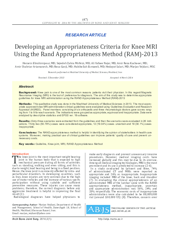 (PDF) Developing an Appropriateness Criteria for Knee MRI Using the ...