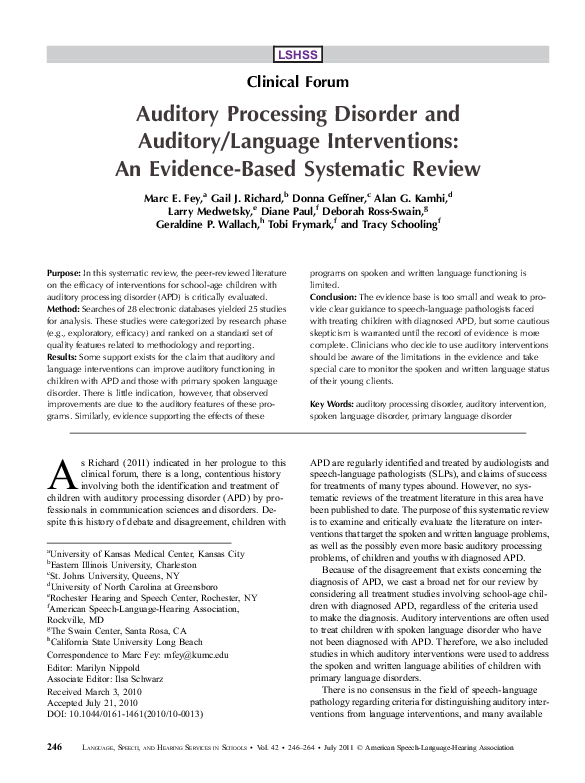 (PDF) Auditory Processing Disorder and Auditory/Language Interventions ...