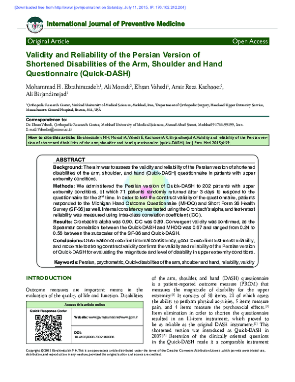 Pdf Validity And Reliability Of The Persian Version Of Shortened Disabilities Of The Arm
