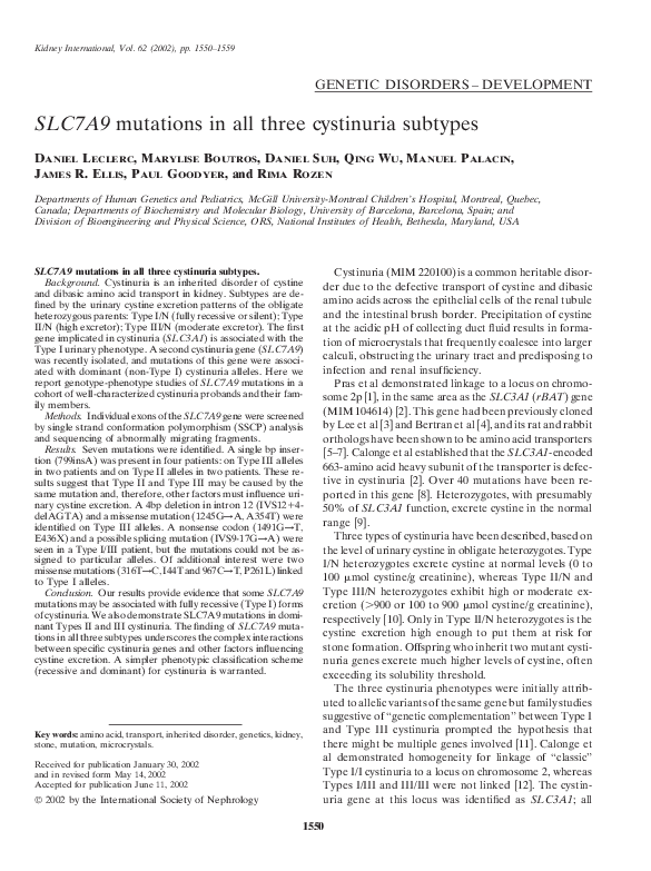 (PDF) SLC7A9 mutations in all three cystinuria subtypes | Marylise ...