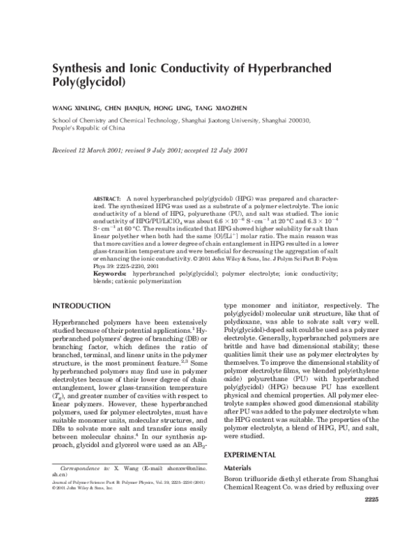 (PDF) Synthesis and ionic conductivity of hyperbranched poly(glycidol) | Xinling Wang - Academia.edu