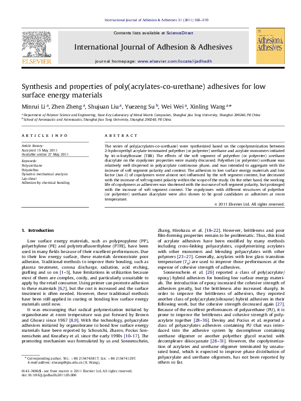 (PDF) Synthesis and properties of poly(acrylates-co-urethane) adhesives ...