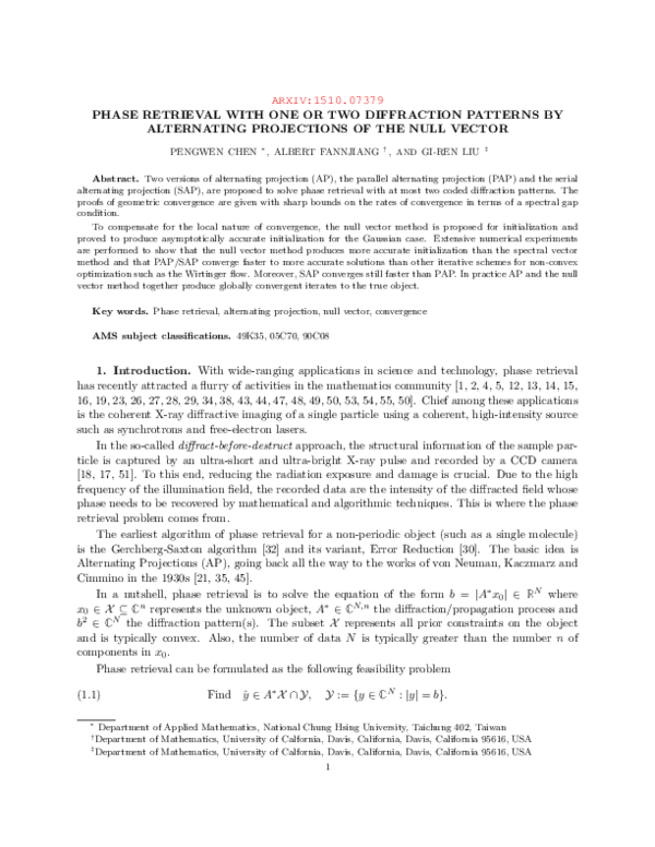 Pdf Phase Retrieval With One Or Two Diffraction Patterns By