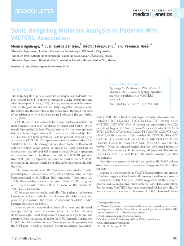 (PDF) Sonic hedgehog mutation analysis in patients with VACTERL ...