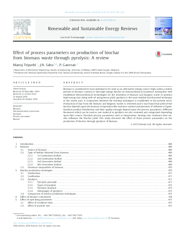 (PDF) Effect of process parameters on production of biochar from biomass waste through pyrolysis ...