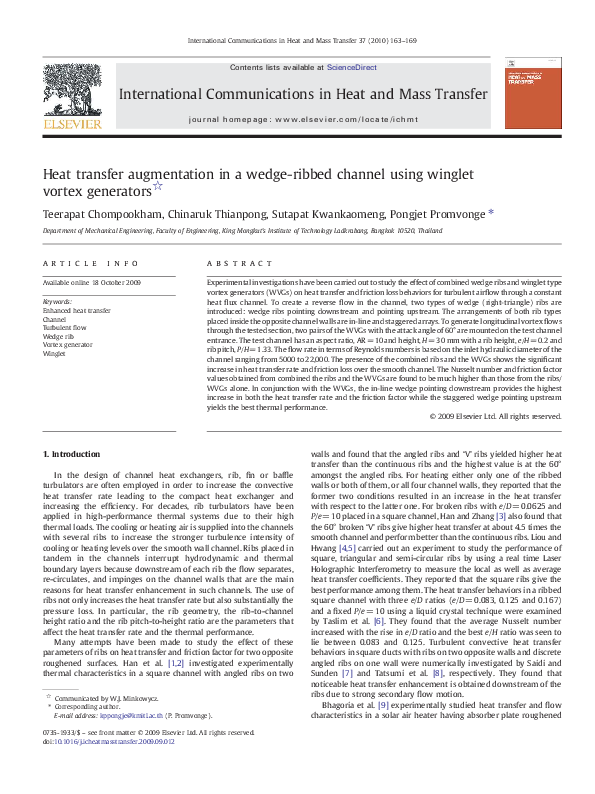 (PDF) Heat transfer augmentation in a wedge-ribbed channel using ...