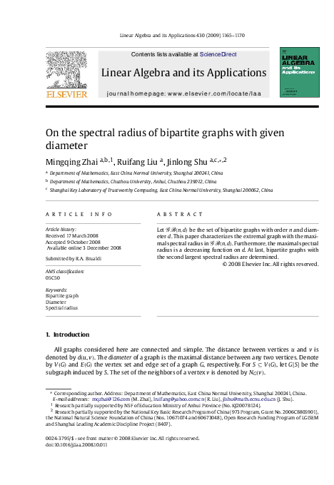 (PDF) On the spectral radius of bipartite graphs with given diameter