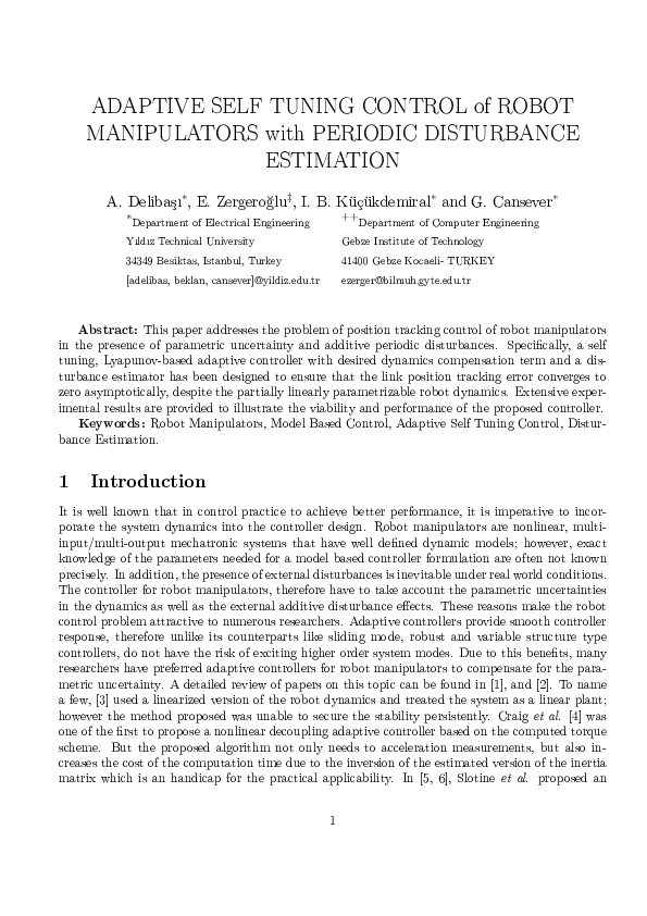 (PDF) ADAPTIVE SELF-TUNING CONTROL OF ROBOT MANIPULATORS WITH PERIODIC DISTURBANCE ESTIMATION