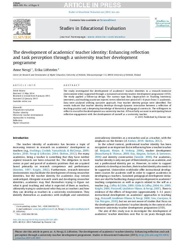 (PDF) The development of academics’ teacher identity: Enhancing ...