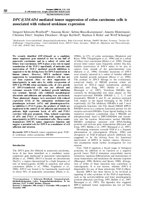 (PDF) DPC4/SMAD4 mediated tumor suppression of colon carcinoma cells is associated with reduced ...