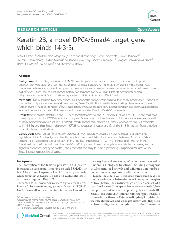 (PDF) Keratin 23, a novel DPC4/Smad4 target gene which binds 14-3-3ε