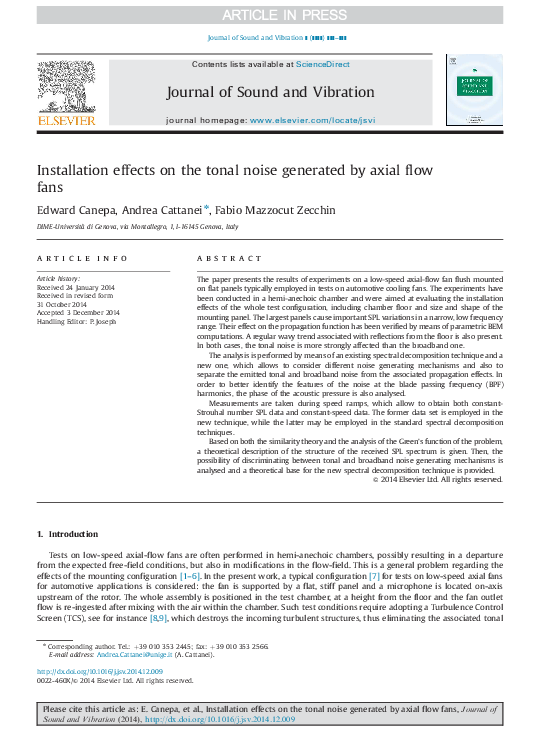 (PDF) Installation effects on the tonal noise generated by axial flow fans
