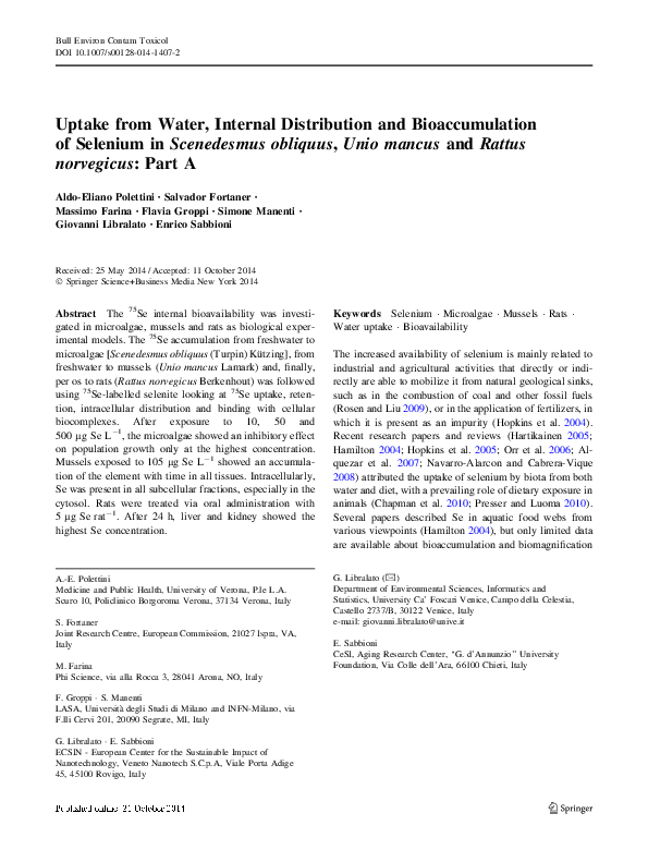 (PDF) Uptake from Water, Internal Distribution and Bioaccumulation of ...