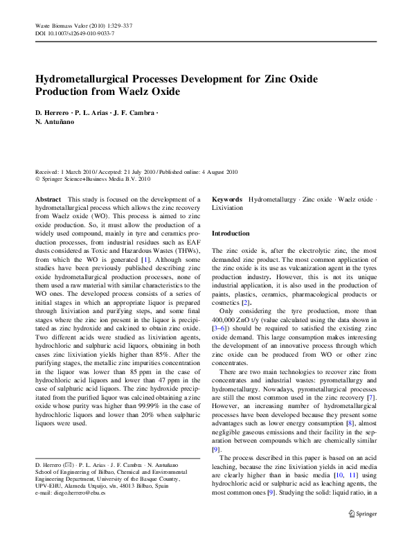 (PDF) Hydrometallurgical Processes Development for Zinc Oxide ...