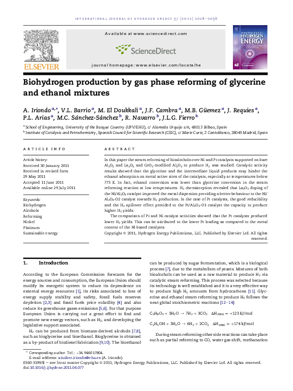 (PDF) Biohydrogen production by gas phase reforming of glycerine and ...