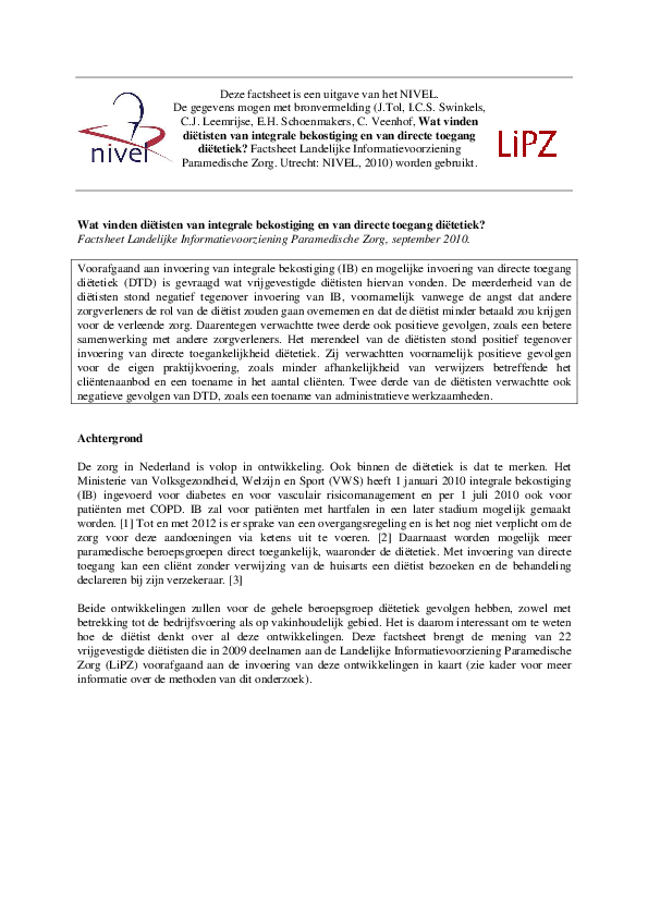 (PDF) Wat vinden diëtisten van integrale bekostiging en van directe ...