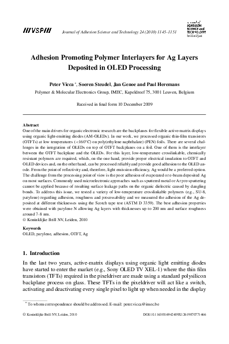 (PDF) Adhesion Promoting Polymer Interlayers for Ag Layers Deposited in OLED Processing