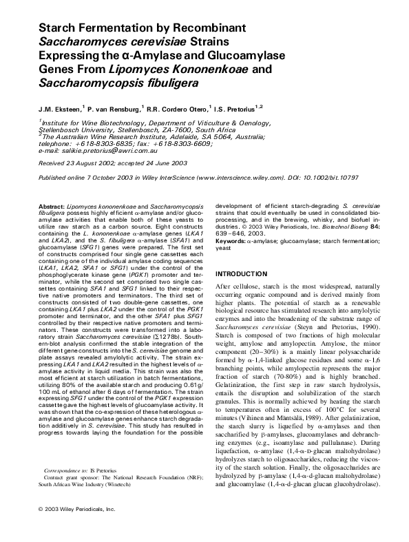 (PDF) Starch fermentation by recombinantsaccharomyces cerevisiae ...