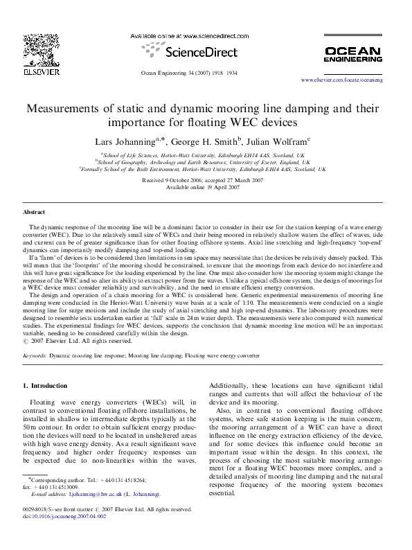 (PDF) Measurements of static and dynamic mooring line damping and their ...
