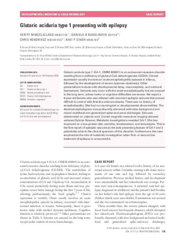 (PDF) Glutaric aciduria type 1 presenting with epilepsy