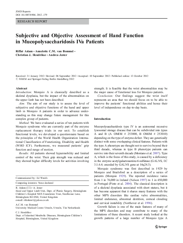 (PDF) Subjective and Objective Assessment of Hand Function in ...