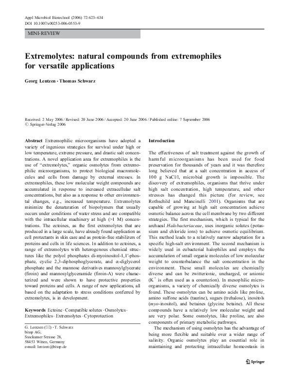 (PDF) Extremolytes: natural compounds from extremophiles for versatile ...