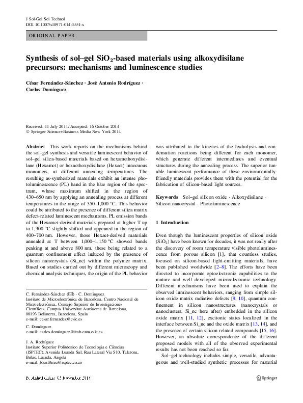 (PDF) Synthesis of sol–gel SiO2-based materials using alkoxydisilane precursors: mechanisms and ...