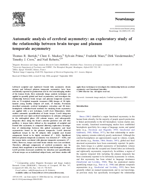 (PDF) Automatic analysis of cerebral asymmetry: an exploratory study of ...