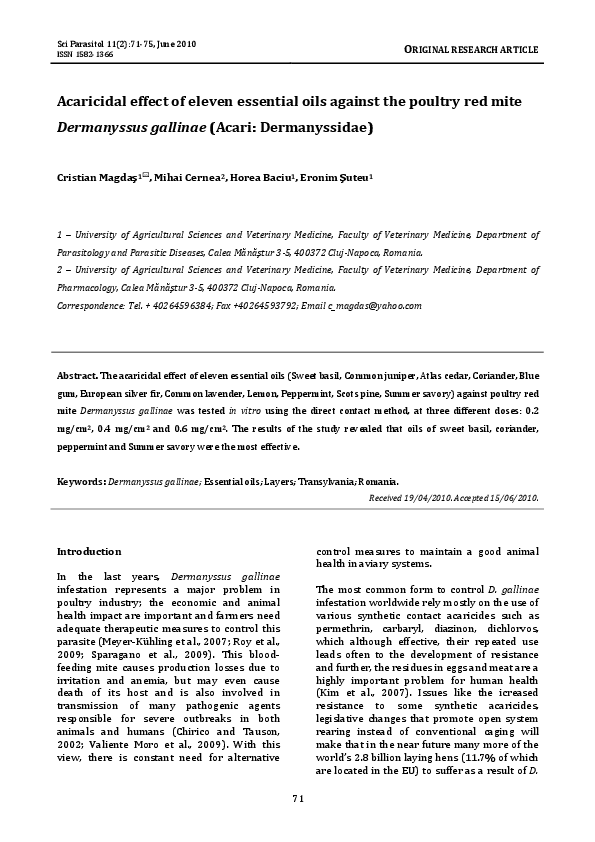 (PDF) Acaricidal effect of eleven essential oils against the poultry ...