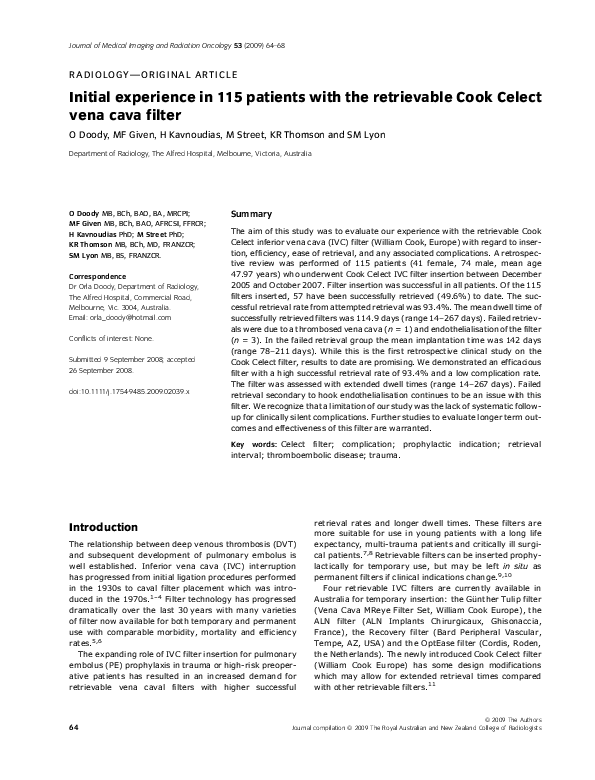 (PDF) Initial experience in 115 patients with the retrievable Cook ...