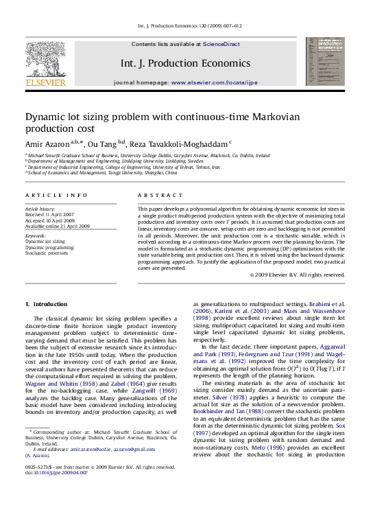 Pdf Dynamic Lot Sizing Problem With Continuous Time Markovian Production Cost