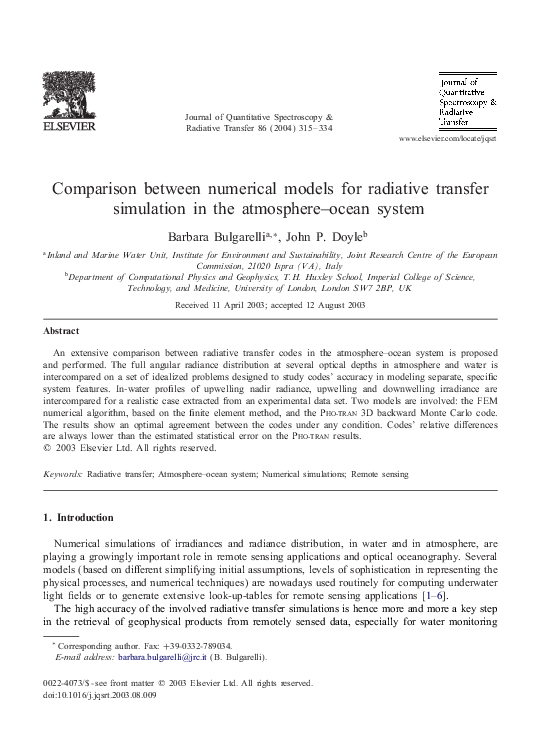 (PDF) Radiative Transfer Model Comparison in Atmosphere-Ocean